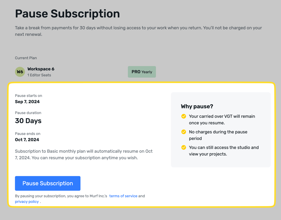 Pausing your Murf subscription